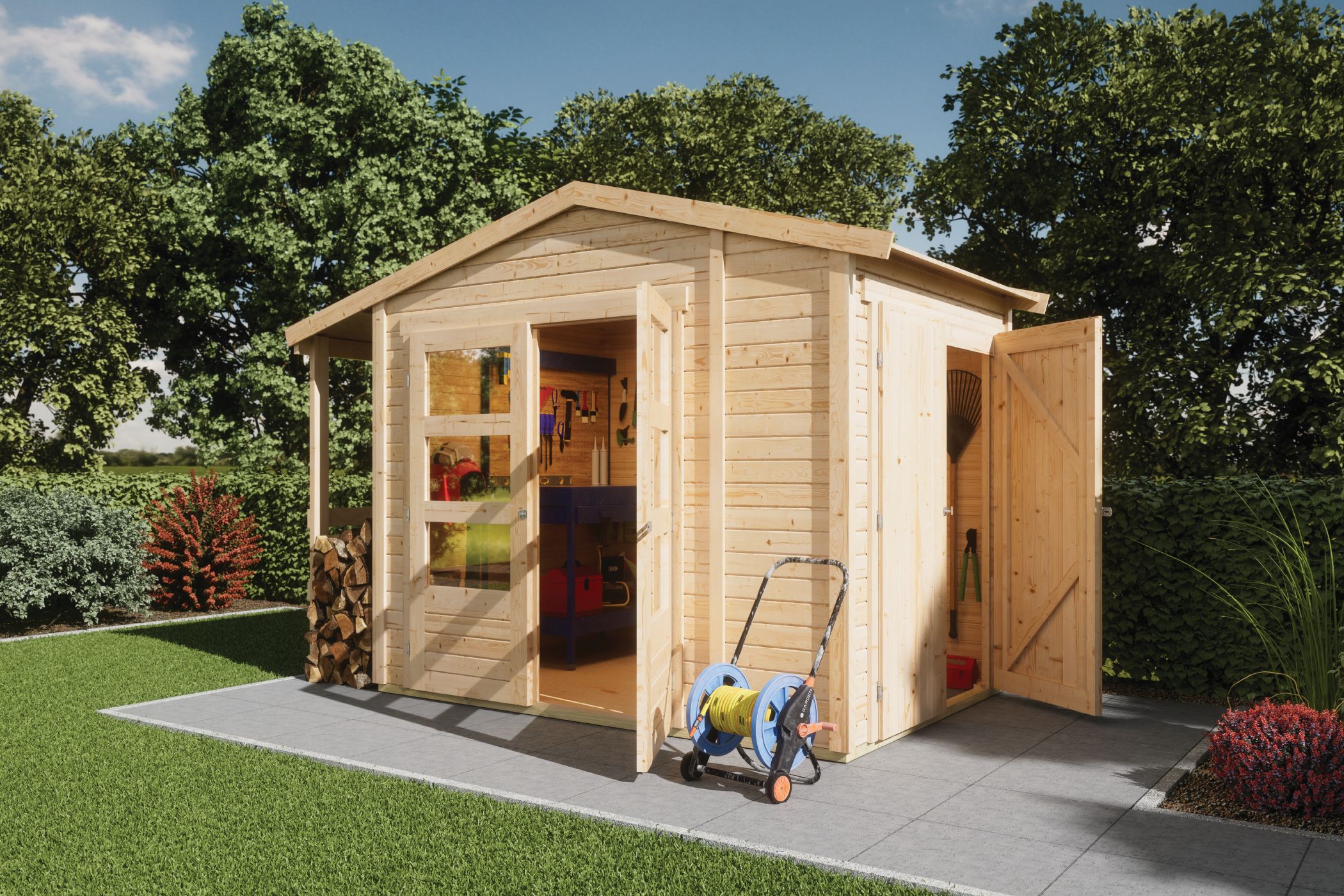 Karibu Gartenhaus 19mm Multi Satteldach mit Schrank und Anbaudach naturbelassen inkl. Fußboden ...