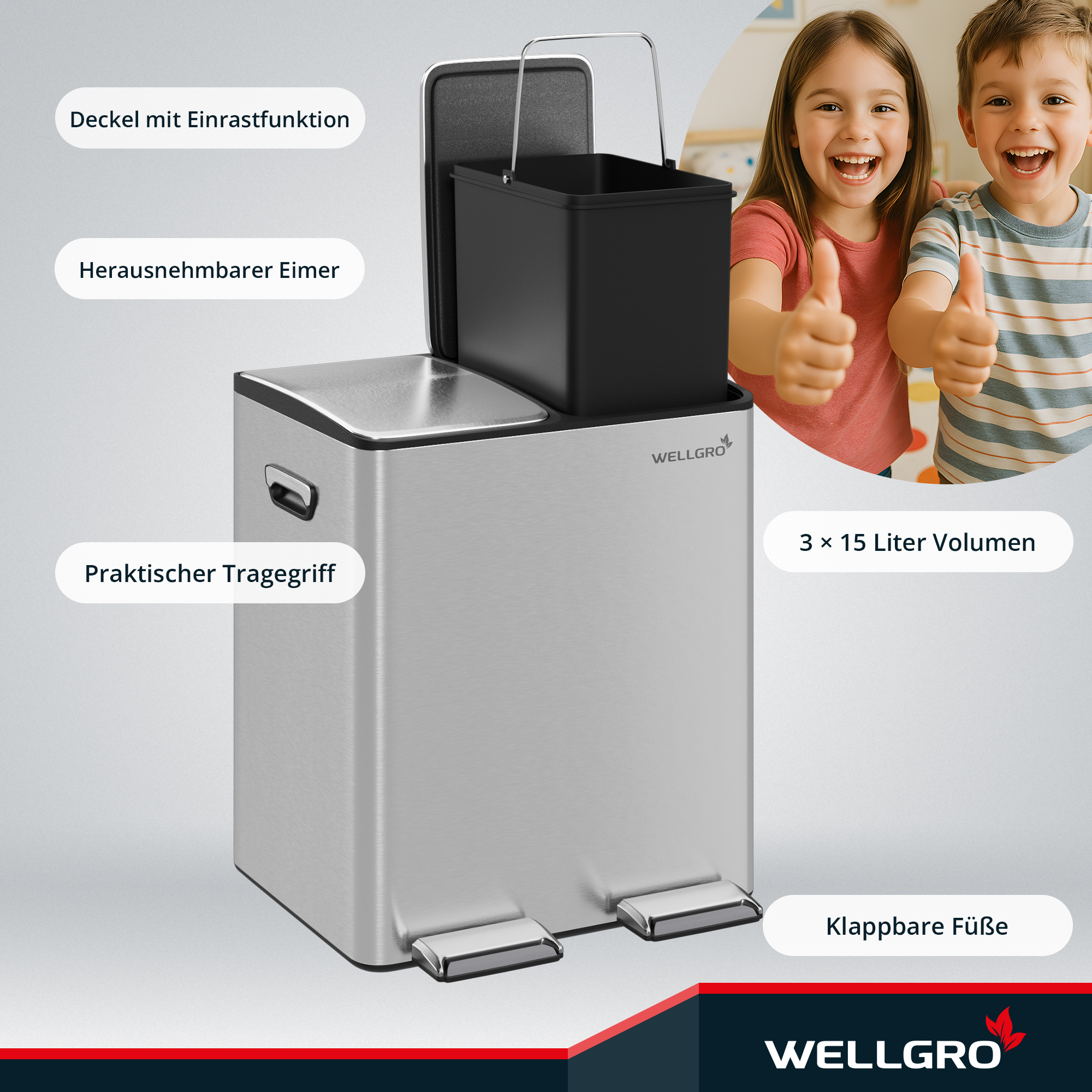 WELLGRO Mülleimer Küche 30 Liter – Edelstahl Treteimer 2x15 Liter mit ...