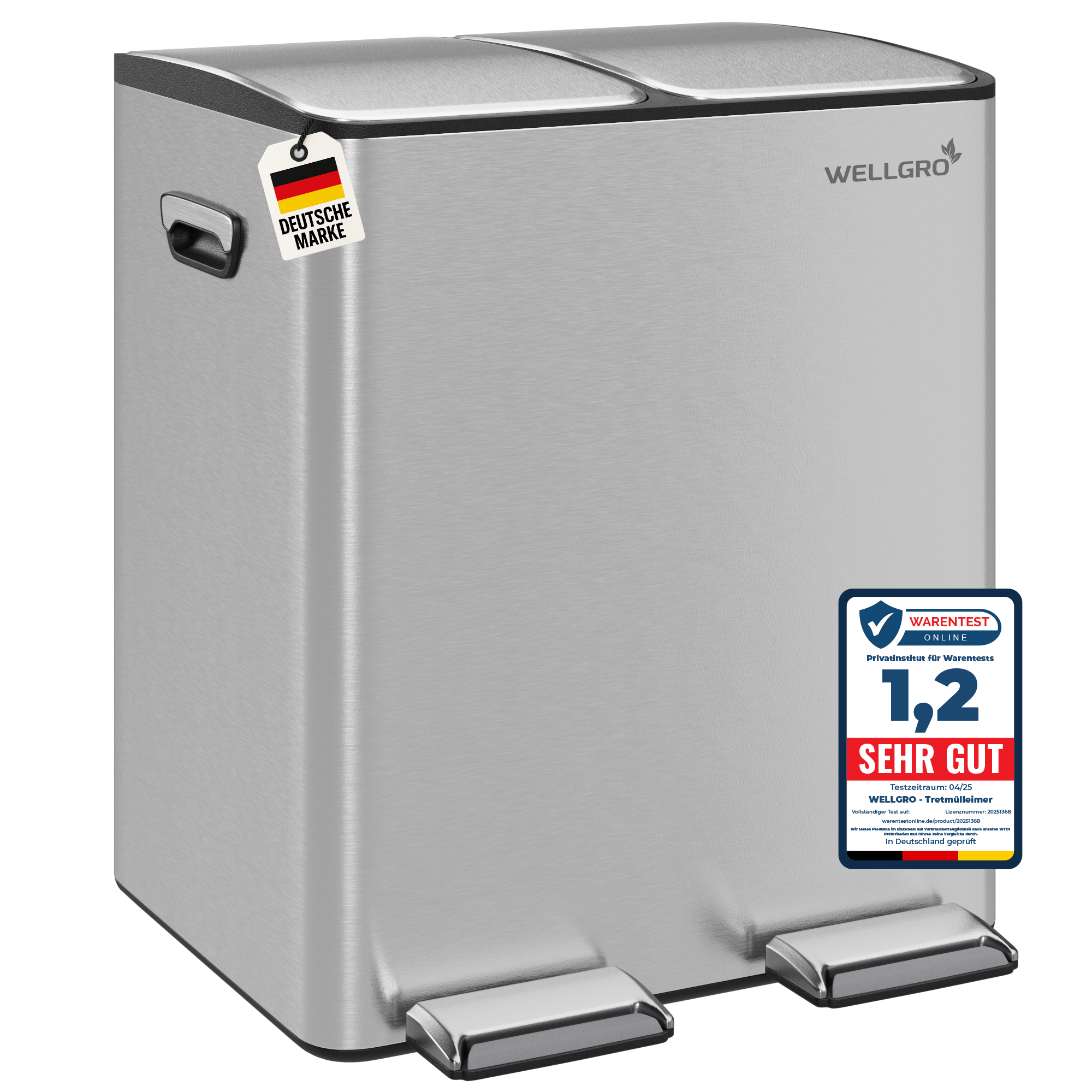 WELLGRO Mülleimer Küche 30 Liter – Edelstahl Treteimer 2x15 Liter mit ...