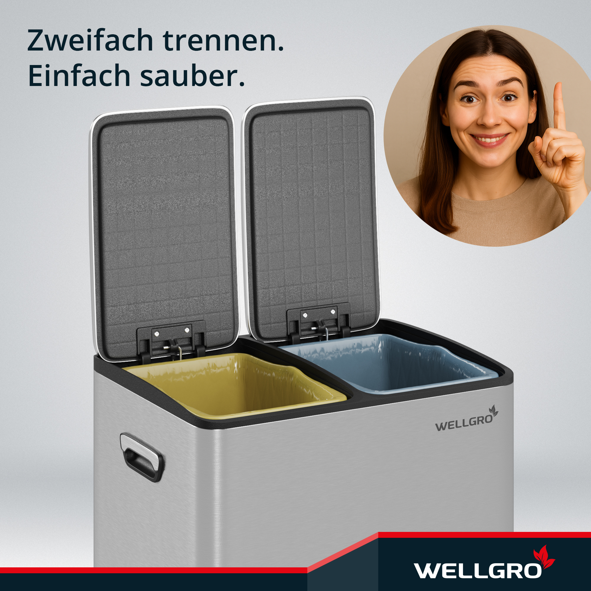 WELLGRO Mülleimer Küche 30 Liter – Edelstahl Treteimer 2x15 Liter mit ...