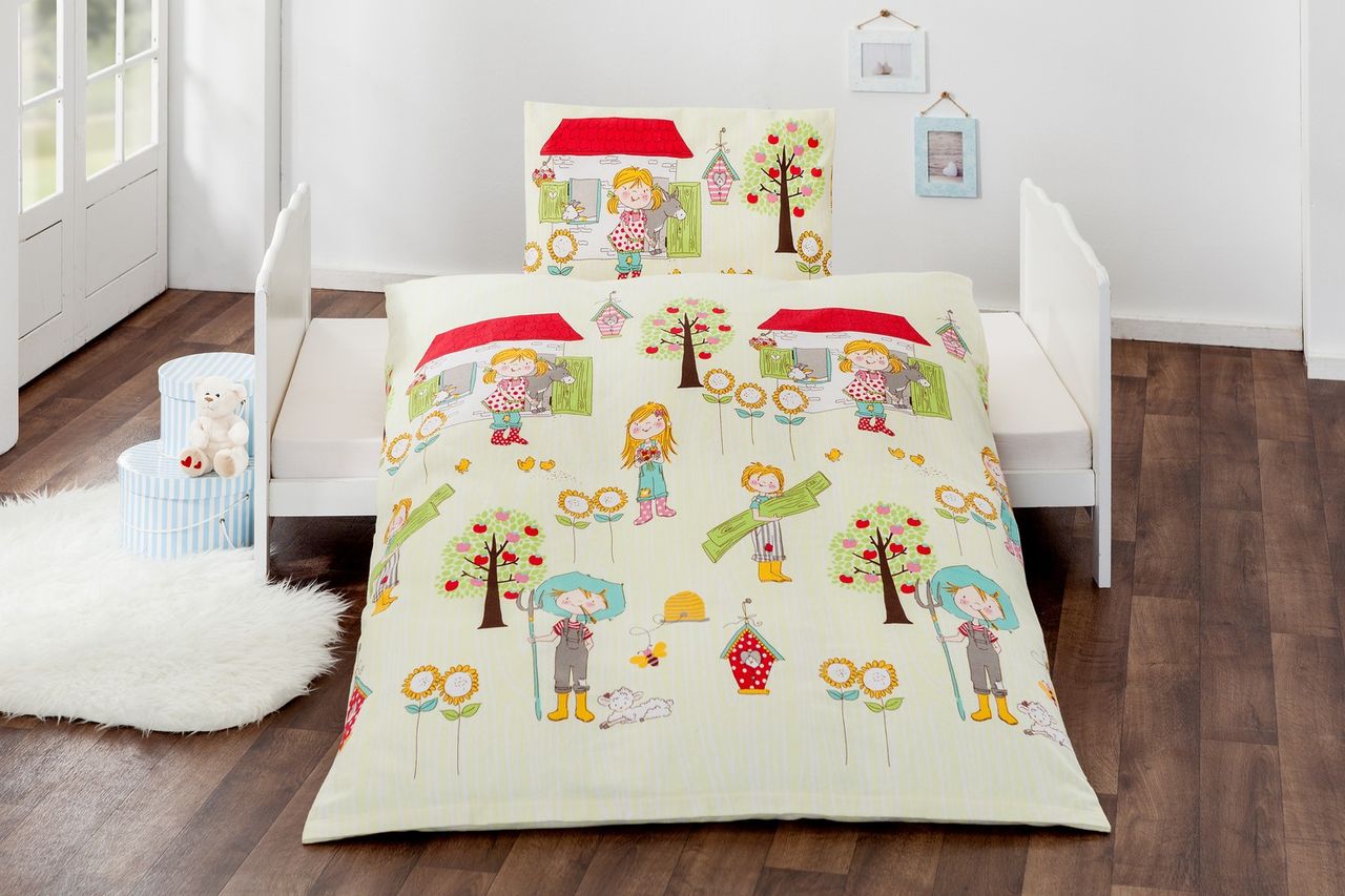 Dreamtex Junior Baby-Biber-Fein-Bettwäsche, Gartenkinder