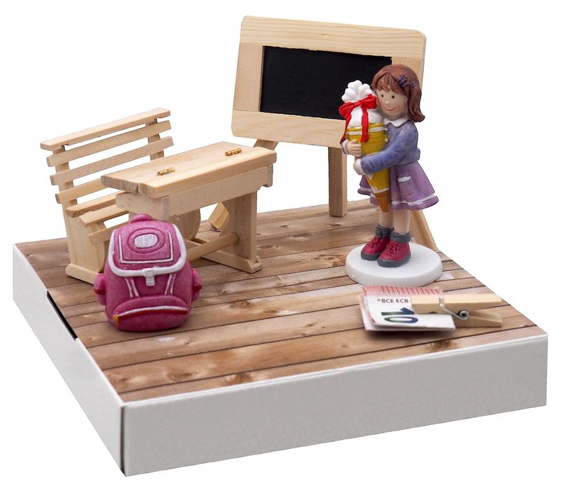 Geldgeschenk Verpackung Einschulung Schulanfang Schulbank Mädchen 18 x 14cm