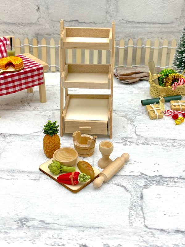 Wichtel Zubehör Treppenregal Regal Mini Holz Backset Obst Gemüse Brot ...