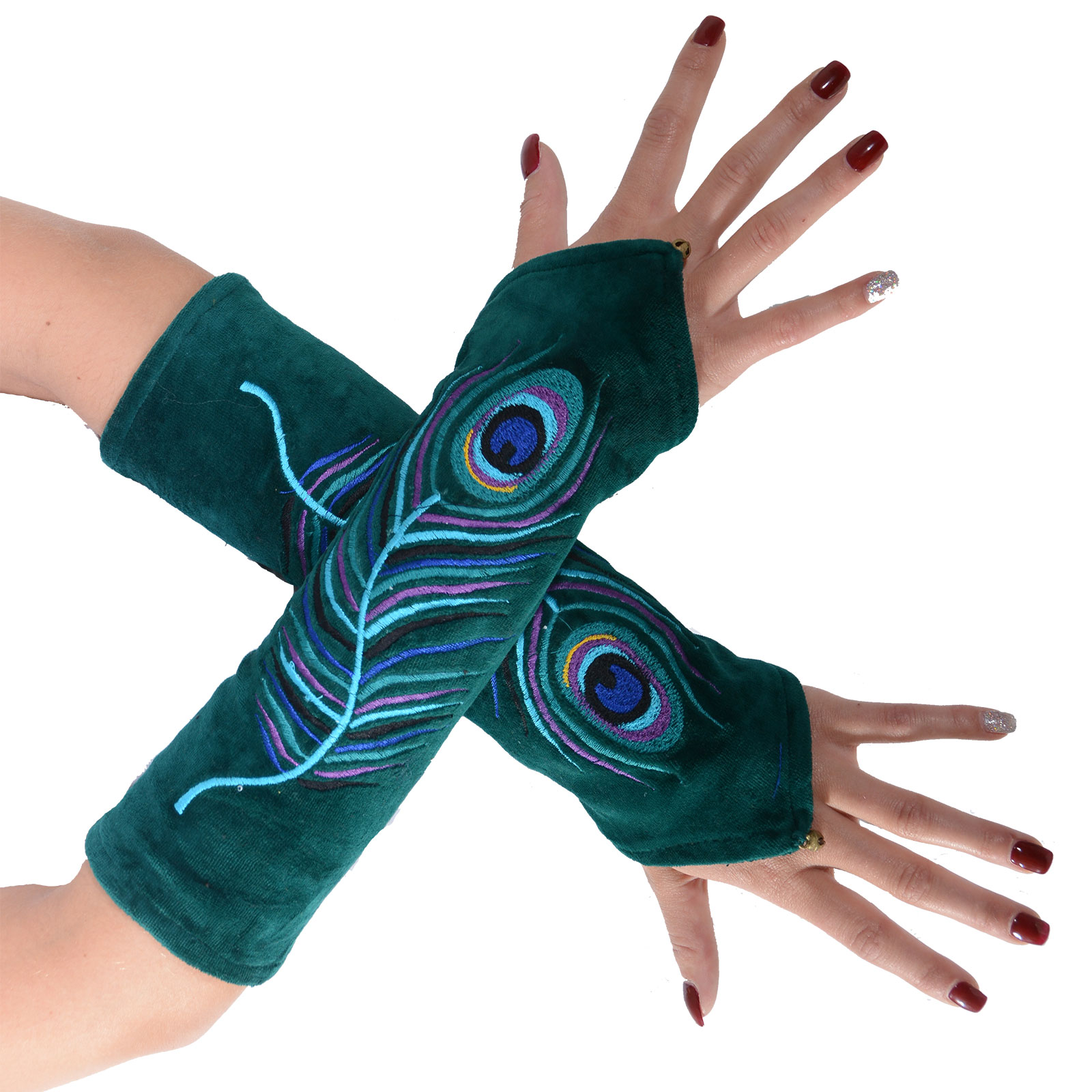 Velvet Arm Warmers with Decorative Peacock Feather Emboridery ...