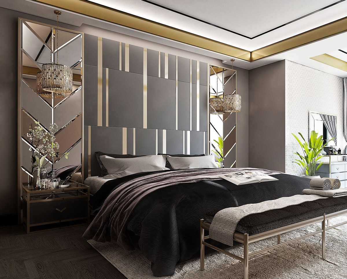 Casa Padrino Luxury Bedroom Set Gray Gold Silver 1 Double Bed