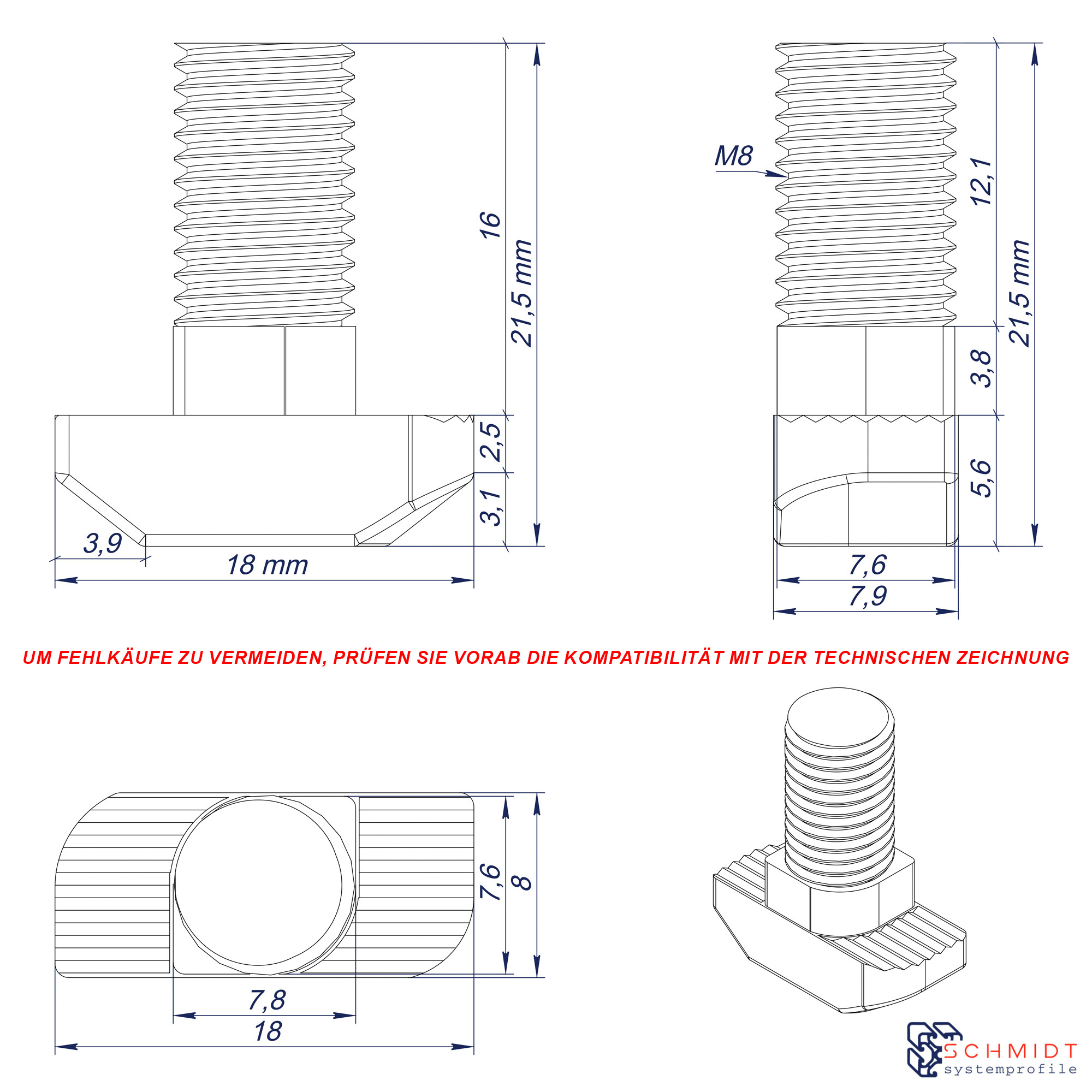 SCHMIDT systemprofile 50x Hammerschraube M8 16mm Nut 8 T-Schraube mit Steg Befestigungsmaterial ...