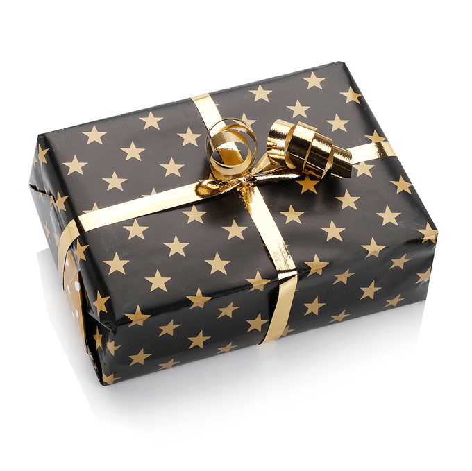 Double Sided Christmas Gift Wrapping Paper in Black & Gold with Stars ...