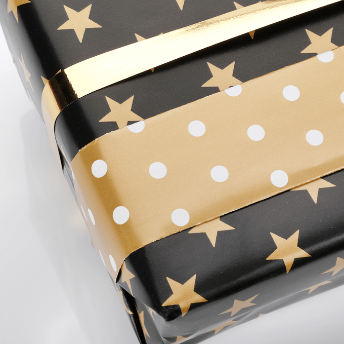 Double Sided Christmas Gift Wrapping Paper in Black & Gold with Stars ...