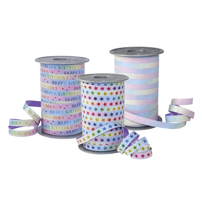 Gift ribbon "Rainbow Birthday" pastel 10mm, 200 m | DecoWoerner